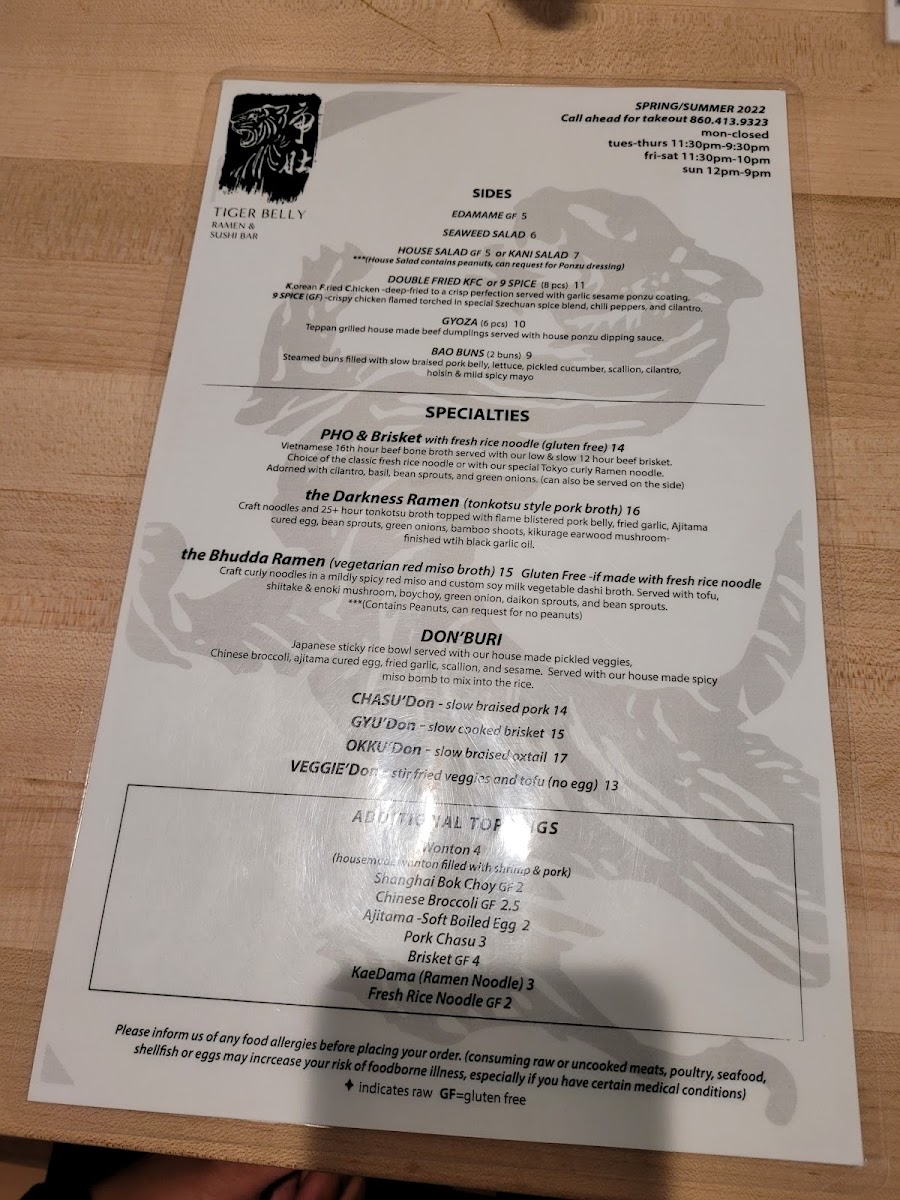 Tiger Belly Noodle Bar Menu (Latest Menu Update)